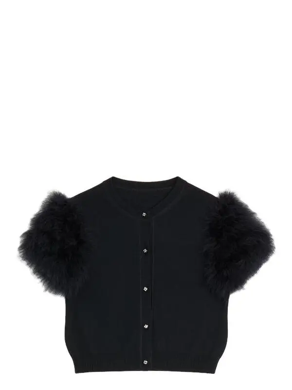 Valentino Garavani Wool Knit Cardigan With Feather Boa - Black