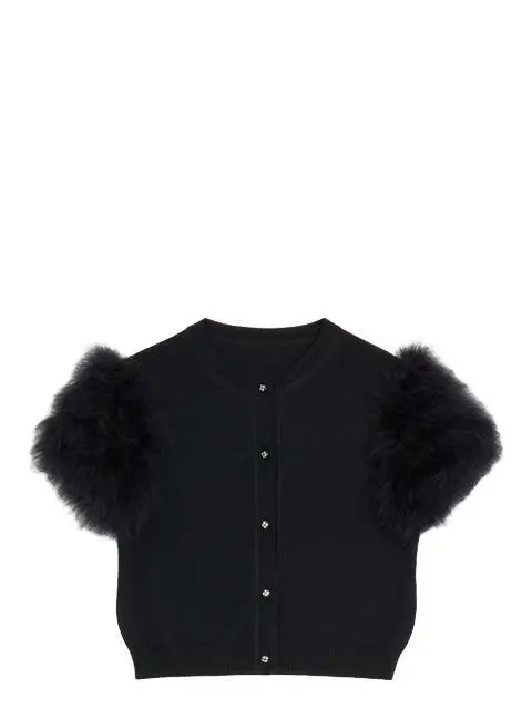 Valentino Garavani Wool Knit Cardigan With Feather Boa - Black