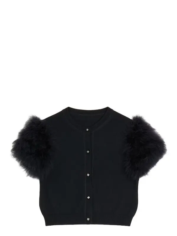 Valentino Garavani Wool Knit Cardigan With Feather Boa - Black