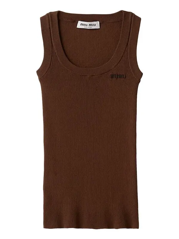 Miu Miu Ribbed Knit Logo Tank Top - Cacao