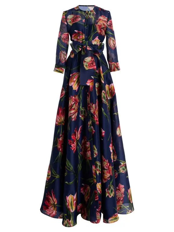 Carolina Herrera Floral Silk Gazar Trench Gown - Navy