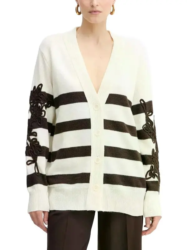 ERMANNO FIRENZE Striped Floral-appliqué Cardigan - Neutrals