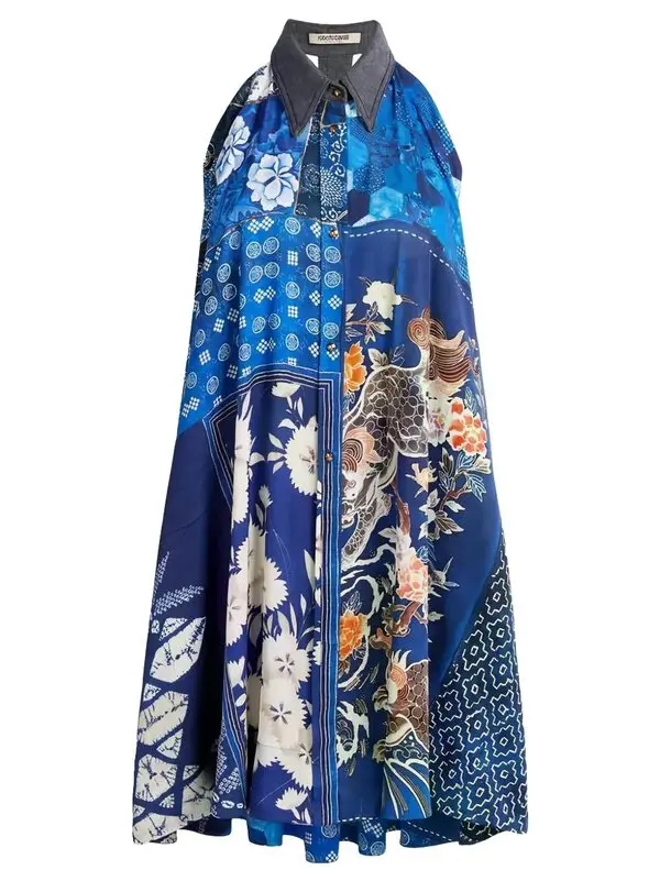 Roberto Cavalli Patchwork Print Sleeveless Mini Dress - Blue