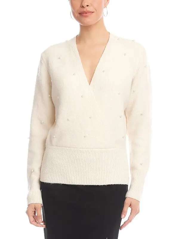 Karen Kane Embellished Faux Wrap V-neck Sweater - Oat