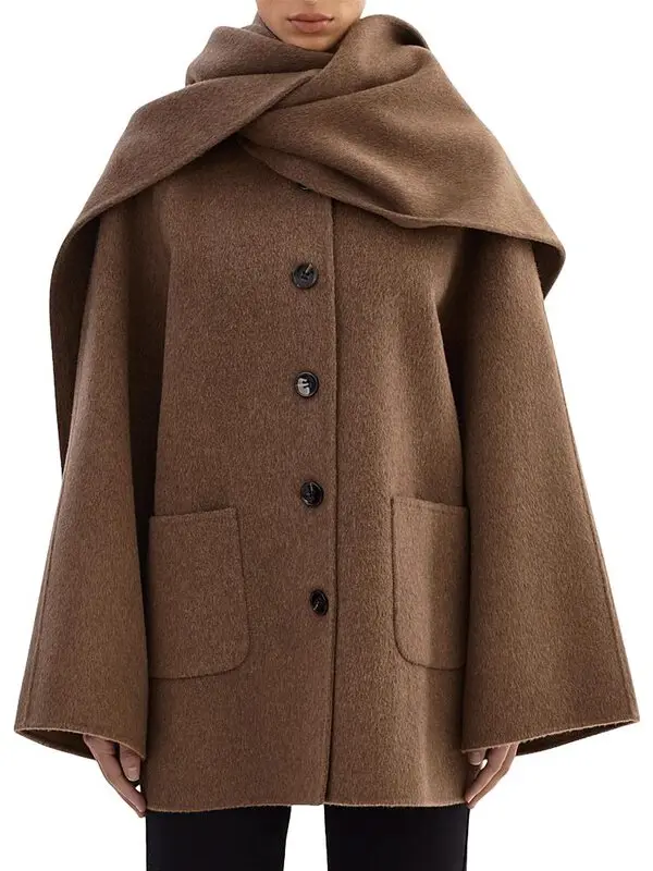 LAMARQUE Wool Scarf Coat - Heather Brown