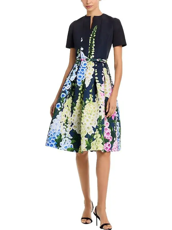 Oscar De La Renta Short Sleeve Multi Foxgloves Degrade Dress - Night Sky
