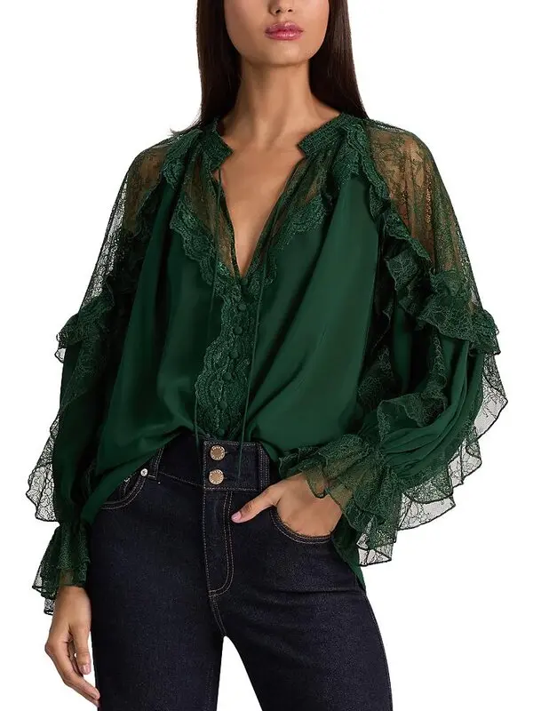 Alice + Olivia Aleena Lace Inset Blouse - Green Mystique