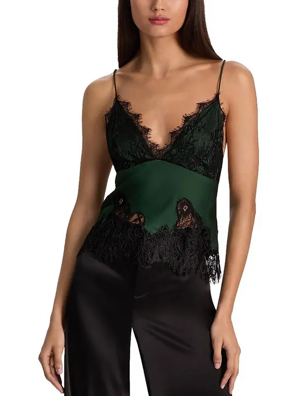 Alice + Olivia Claudia Lace Trimmed Camisole - Green Mystique Black