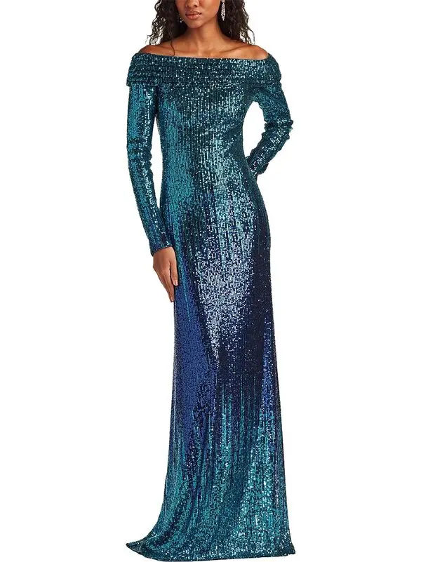 Tadashi Shoji Vionne Off-shoulder Sequin Gown - Blue