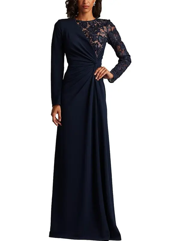 Tadashi Shoji Devika Embroidered Twist-drape Gown - Navy