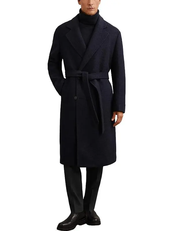 REISS Boucle Belted Double Breasted Overcoat - Navy