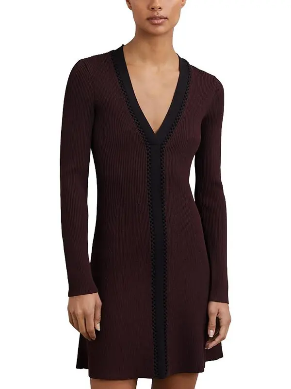 REISS Alma Craft Detail Knit Mini Dress - Burgundy/black