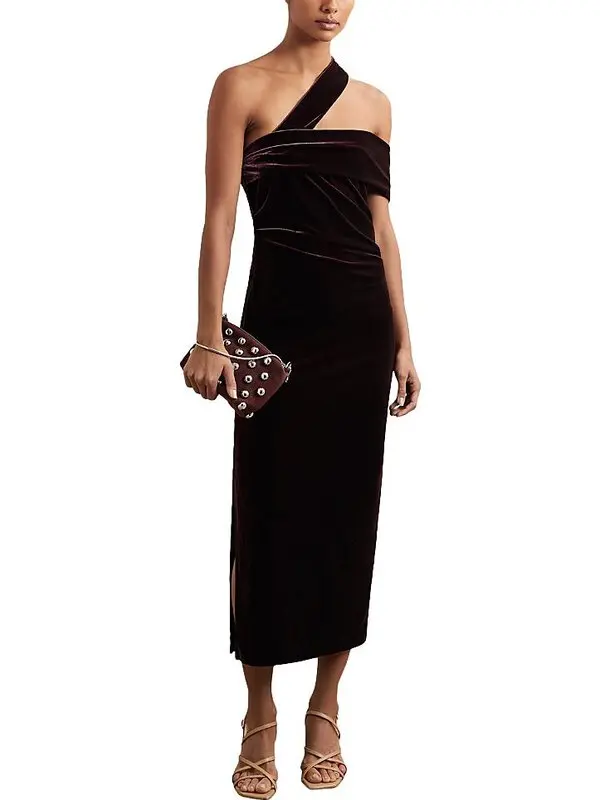 REISS Dalia One-shoulder Velvet Midi Dress - Burgundy