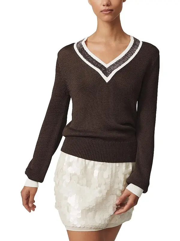 REISS Courtney Beaded V-neck Sweater - Chocolate