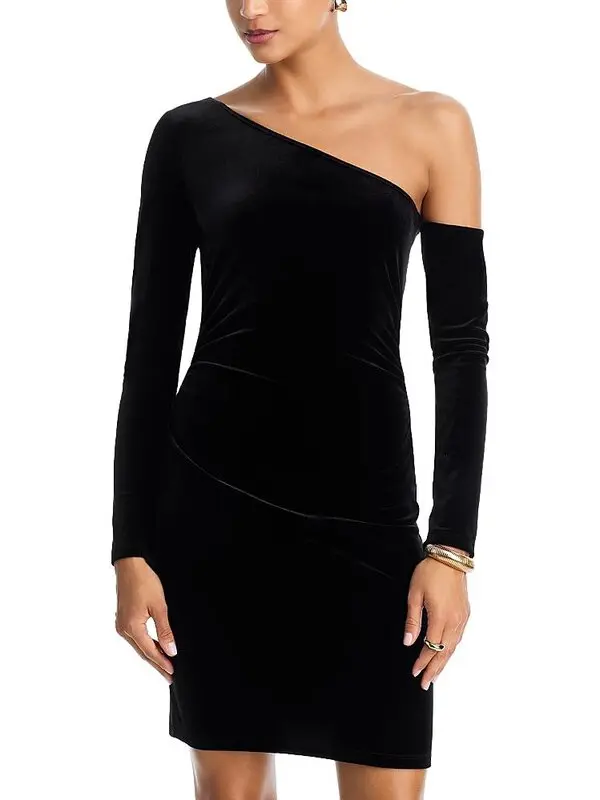 L'Agence Lynne Velvet One Shoulder Long Sleeve Dress - Black