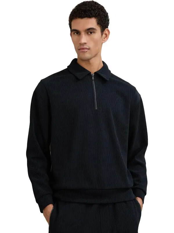 REISS Bert Corduroy Half-zip Polo Shirt - Navy