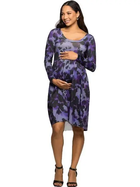 24SEVEN COMFORT APPAREL Printed Empire Waist Long Sleeve Dress - Purple Multi