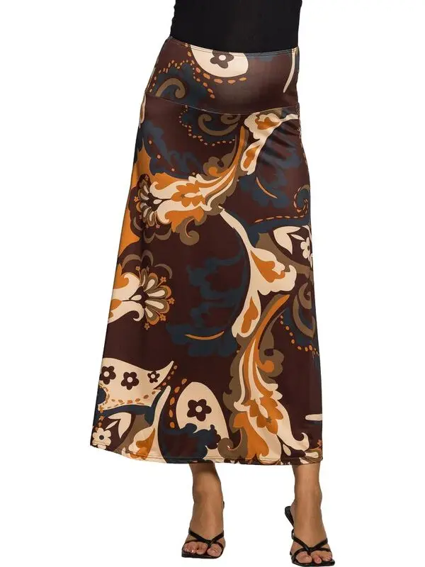 24SEVEN COMFORT APPAREL Printed Elastic Waist Maxi Skirt - Brown Multi