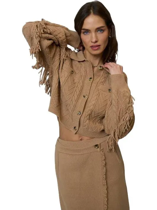 Central Park West Elyse Cabled Fringe Cardigan - Camel