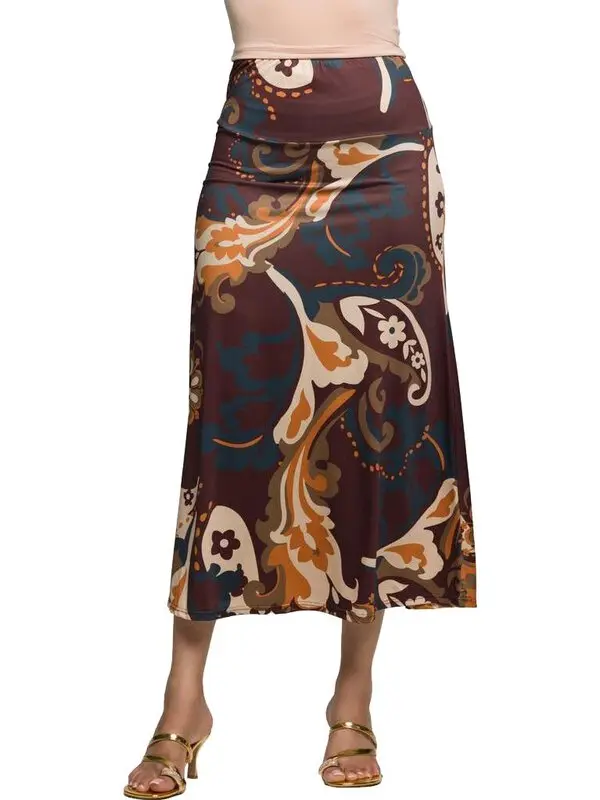 24SEVEN COMFORT APPAREL Printed Maxi Skirt With Elastic Waist - Brown Multi