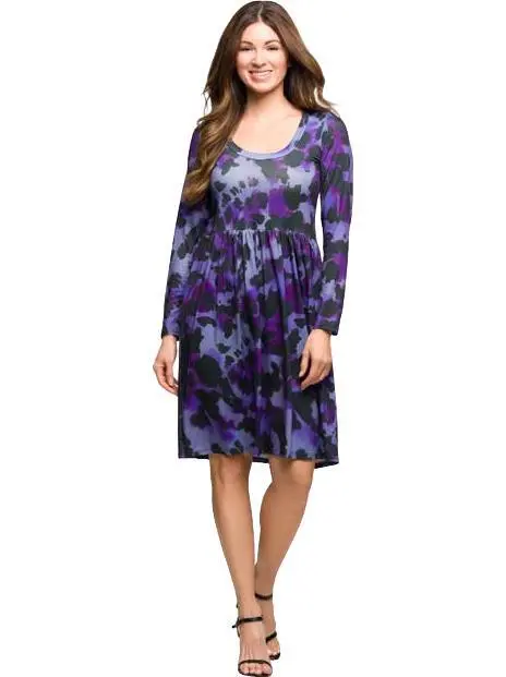 24SEVEN COMFORT APPAREL Long Sleeve Empire Waist Printed Dress - Purple Multi