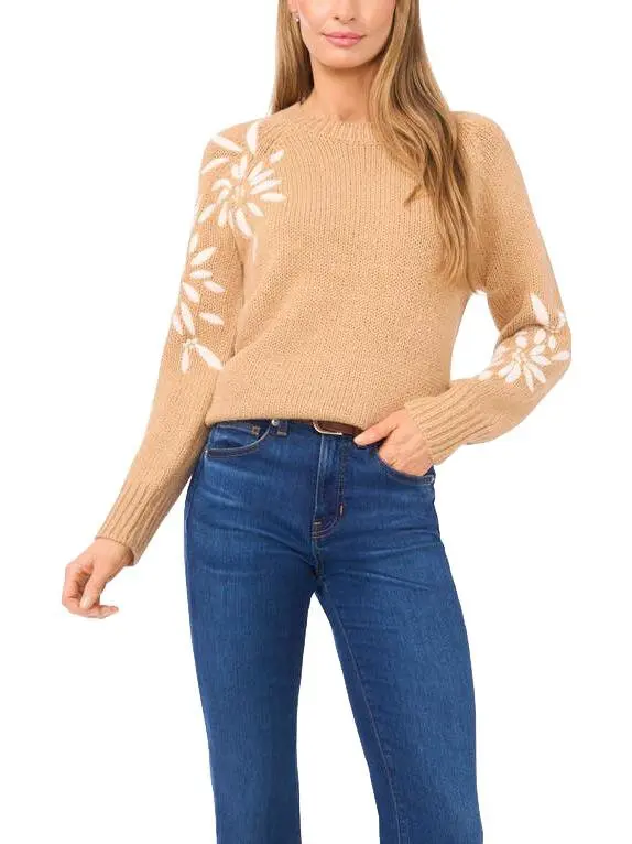 Halogen Embroidered Floral Long Sleeve Sweater - Latte Heather