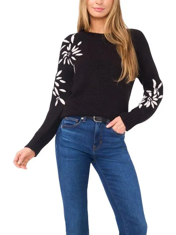 Halogen Embroidered Floral Long Sleeve Sweater - Rich Black