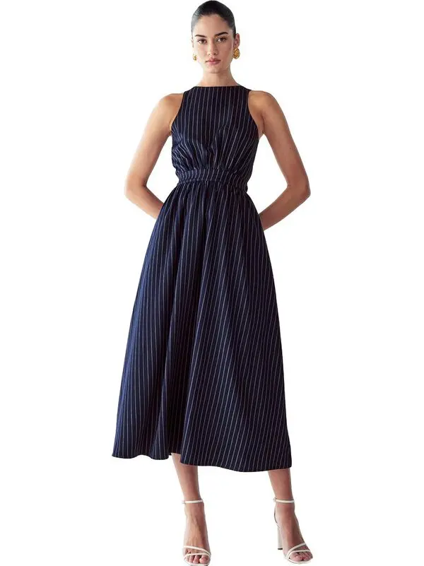 WILLA Liliana Fit And Flare Maxi Dress - Navy Pinstripe