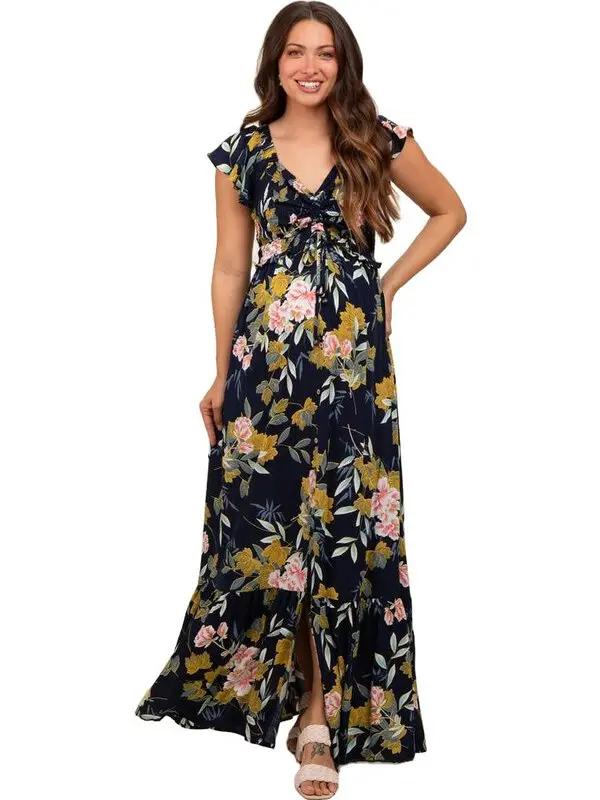 PINKBLUSH Floral Smocked Cinched Top Maxi Dress - Navy Blue