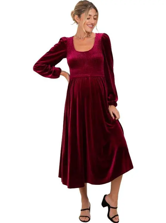 PINKBLUSH Velvet Smocked Long Sleeve Midi Dress - Burgundy