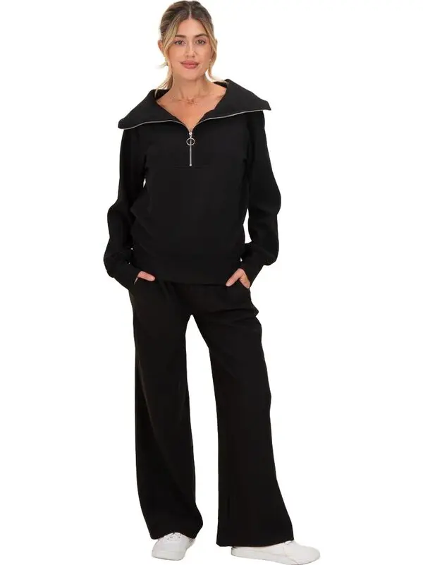 PINKBLUSH Ribbed Half Zip Pullover Wide Leg Pant Set - Black