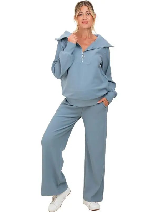 PINKBLUSH Ribbed Half Zip Pullover Wide Leg Pant Set - Light Blue