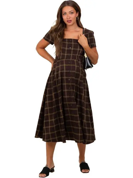 PINKBLUSH Plaid Button-down Midi Dress - Brown