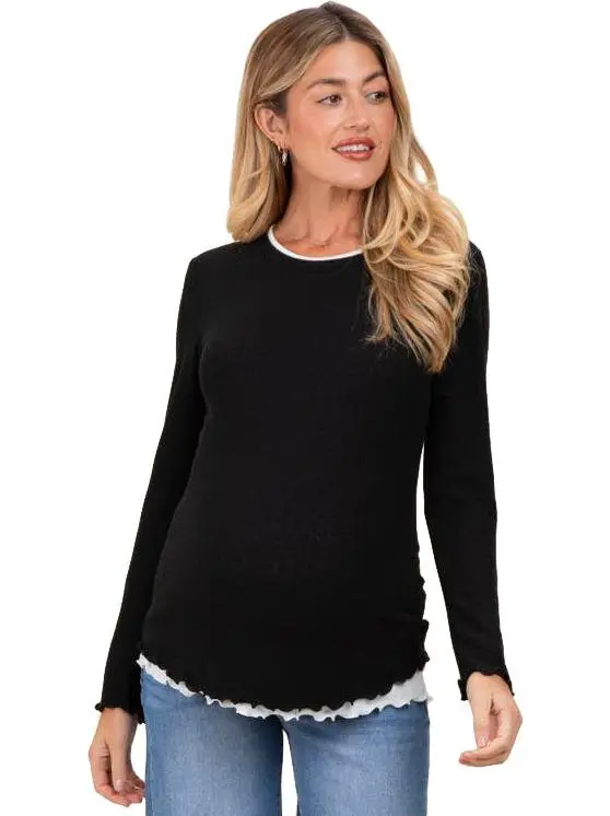 PINKBLUSH Ribbed Long Sleeve Twofer Top - Black