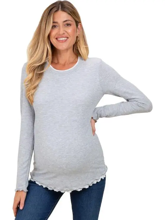 PINKBLUSH Ribbed Long Sleeve Twofer Top - Heather Grey