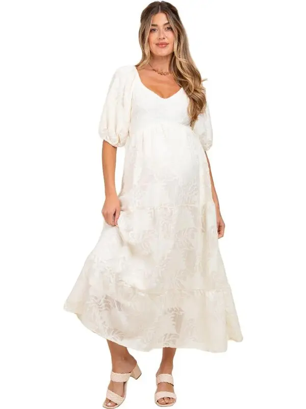 PINKBLUSH Leaf Textured Tiered Midi Dress - Cream