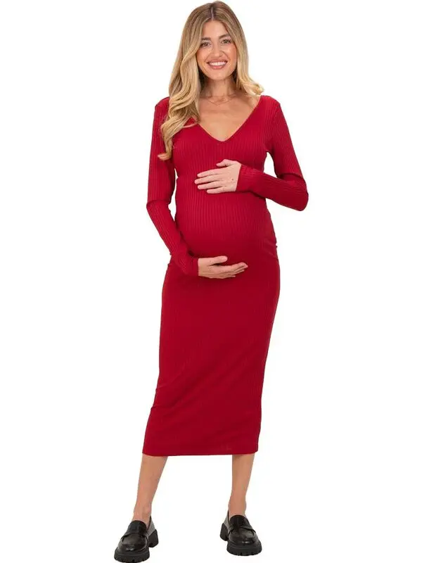 PINKBLUSH V-neck Long Sleeve Fitted Maxi Dress - Deep Red