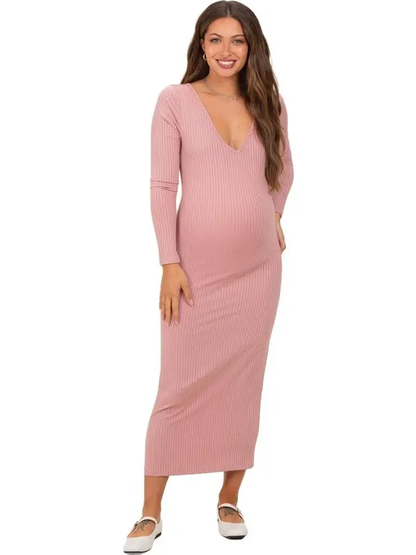 PINKBLUSH V-neck Long Sleeve Fitted Maxi Dress - Mauve