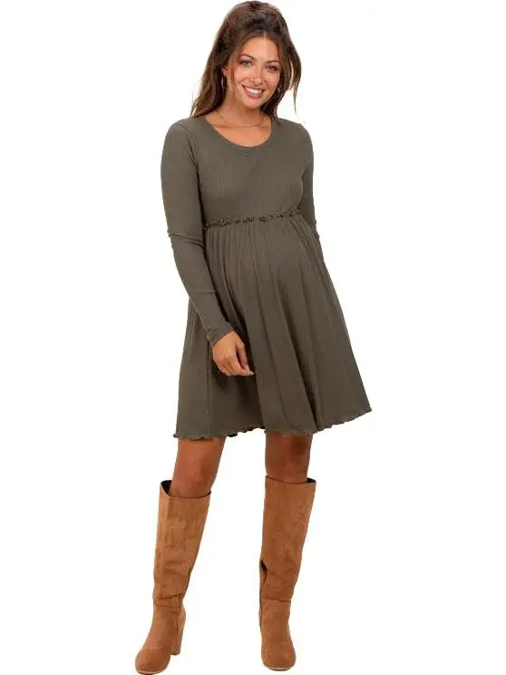 PINKBLUSH Ribbed Long Sleeve Shirring Mini Dress - Olive Green