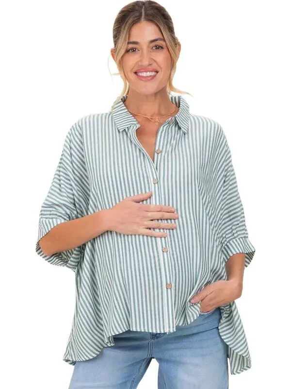 PINKBLUSH Striped Button Up Dolman Top - Forest Green