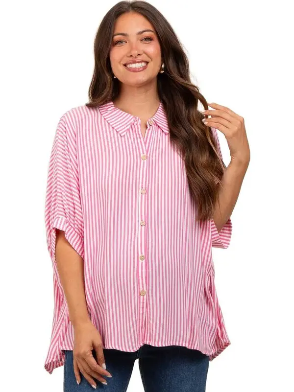 PINKBLUSH Striped Button-up Dolman Top - Fuschia