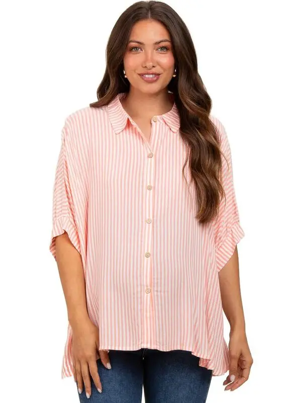 PINKBLUSH Striped Button Up Dolman Top - Peach