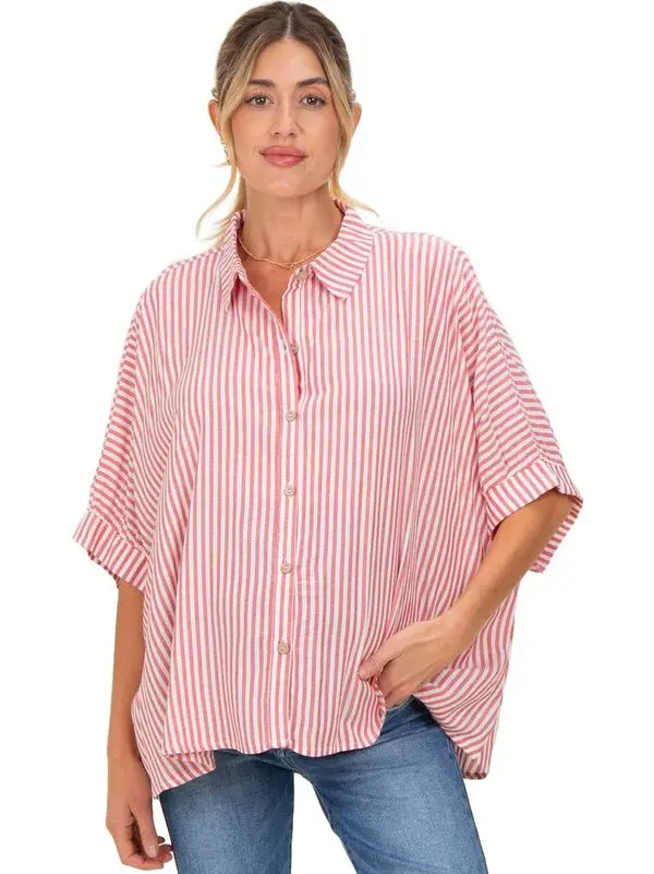 PINKBLUSH Striped Button Up Dolman Top - Red