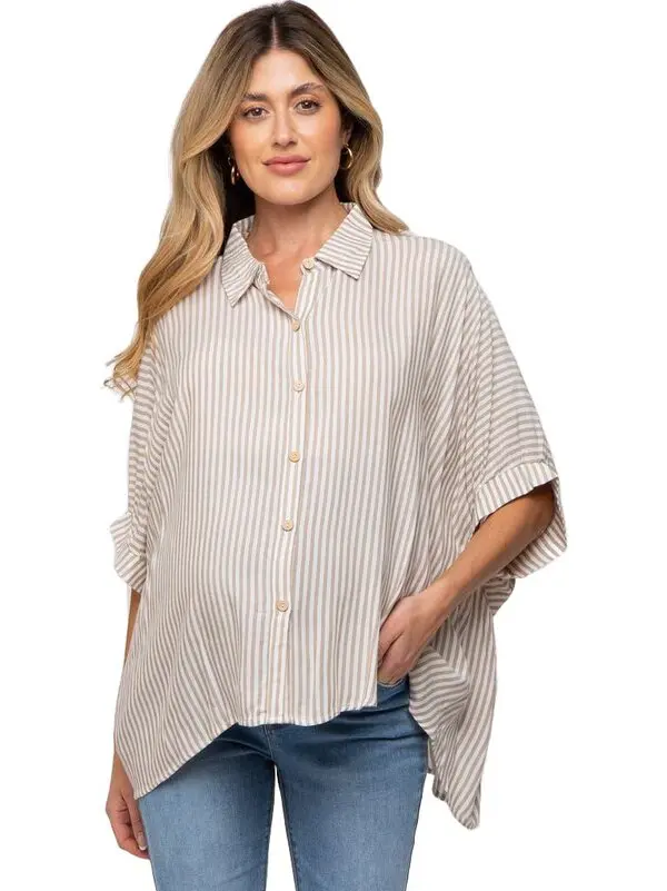 PINKBLUSH Striped Button Up Dolman Top - Taupe