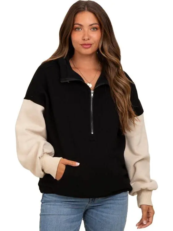 PINKBLUSH Colorblock Half Zip Maternity Hoodie - Black