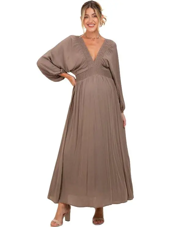 PINKBLUSH Long Sleeve V-neck Smocked Detail Maxi Dress - Mocha