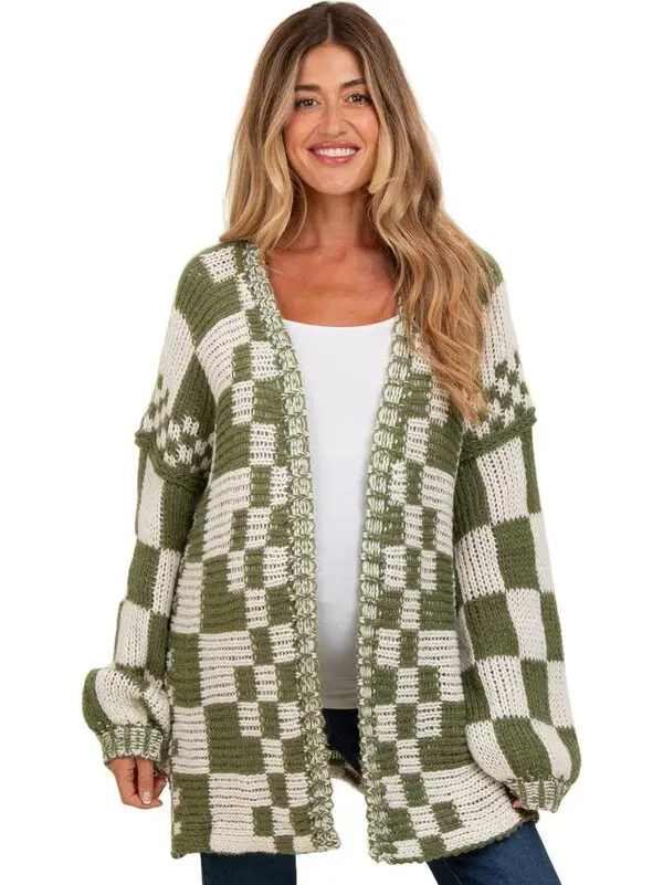 PINKBLUSH Mixed Check Pattern Chunky Cardigan - Olive Green