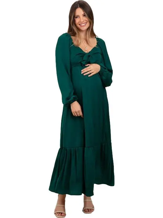 PINKBLUSH Satin Bow Maternity Maxi Dress - Emerald Green