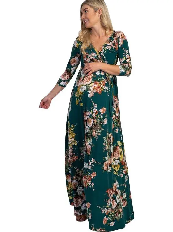 PINKBLUSH Rose Print Sash Tie Maternity Maxi Dress - Teal