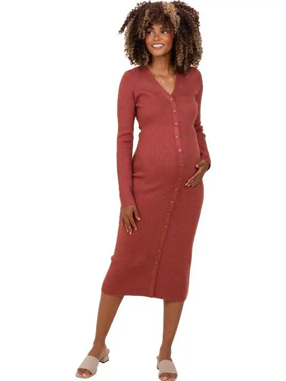 PINKBLUSH Ribbed Knit Button Down Long Sleeve Midi Dress - Rust
